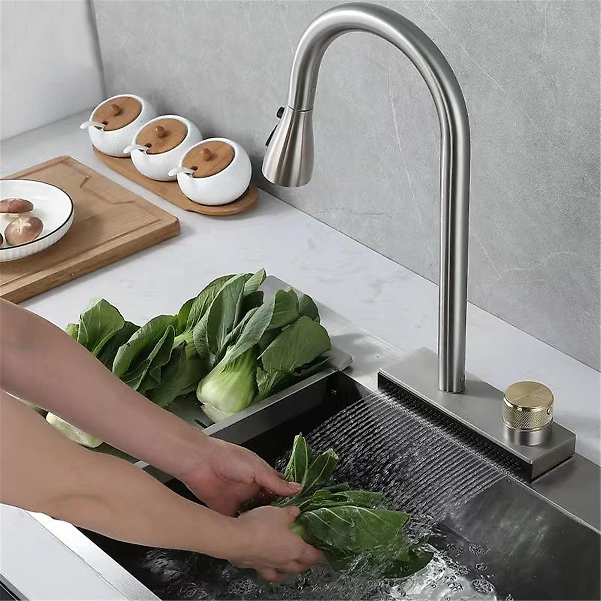 Kitchen Faucet with Pull Down Sprayer Stainless Steel Brushed Nickel Waterfall Faucet Farmhouse Commercial Bar Waterfall Kitchen Sink Faucet,Black