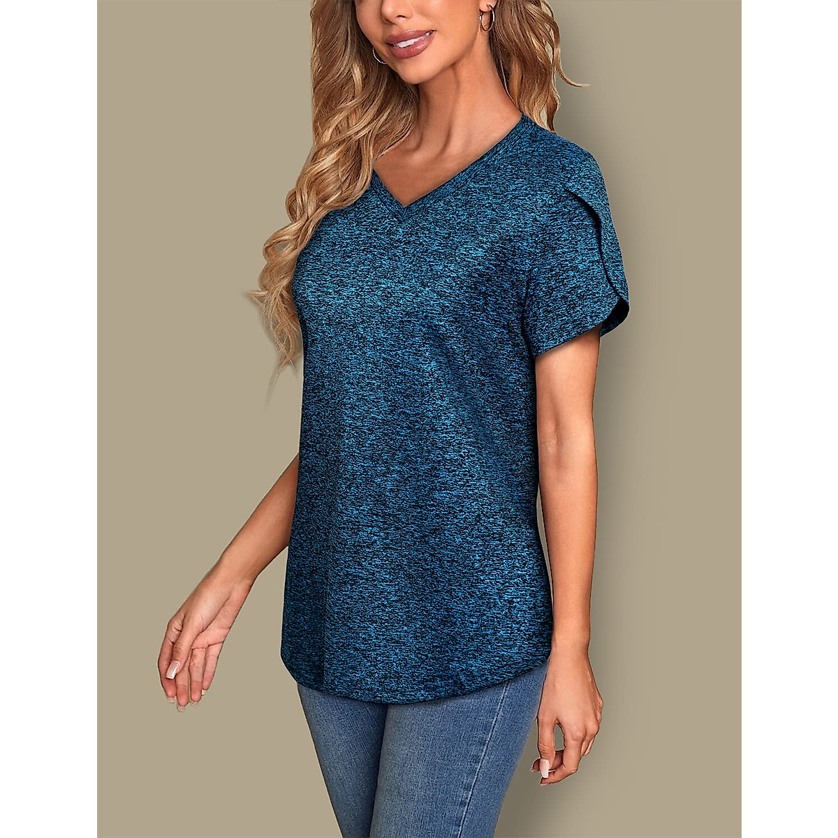 MISS FORTUNE Womens V-Neck Short Sleeve Activewear T-Shirt Petal Sleeve Casual Athletic Moisture Wicking Fitness Tops Blue 3XL