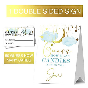 Guess How Many Candies Baby Shower Games, Pack of 1 Logo and 50 Cards, Golden Star and Moon, Blue Cloud, Baby Shower Signs, Baby Shower Invitation Set, Bridal Shower Sign, Gender Reveal - JRM310