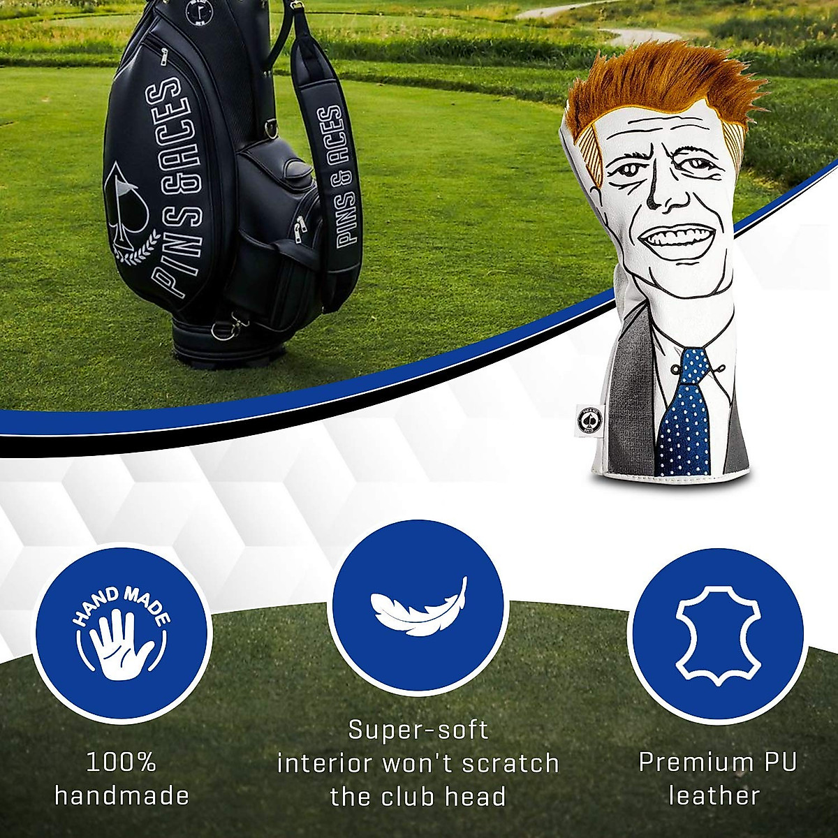 Pins & Aces Golf Co. American Classic Premium Headcover - Quality Leather, Hand-Made Head Cover - Style and Customize Your Golf Bag - Tour Inspired, JFK Kennedy Golf Design (Driver)