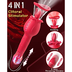 Rose Sex Toys for Women - 3in1 Rose Sex Toy Vibrator with 2 Sucking Cups, Clitoral Nipple Vibrators with 7 Tongue Licking & 3 Thrusting G Spot Dildo, Adult Sex Toys Woman Sex Machine