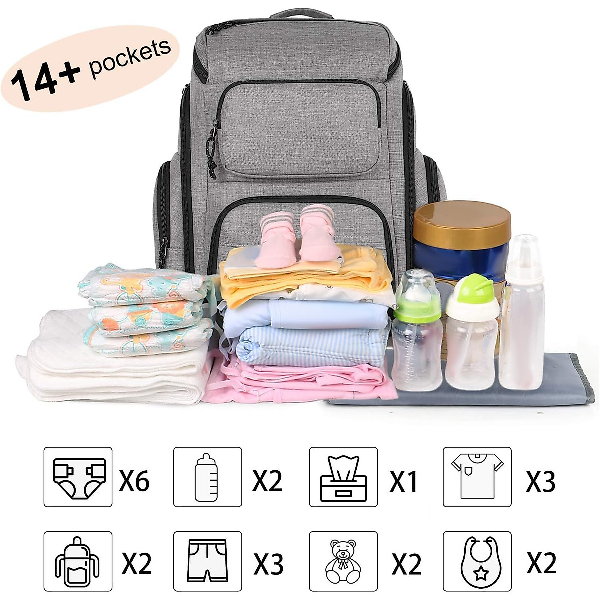 Mancro Diaper Bag Backpack, Multifunctional Travel Dad Diaper Bag with Insulated Pockets, Large Capacity Baby Diaper Backpack for Men and Women with Laptop Pocket and Stroller Straps, Grey