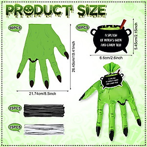MotiMind 50 Pcs Halloween Treat Bags Trick or Treat Goodie Bags Witch Hand Shaped Candy Bag with Twist Ties Brew Cauldron Card, Snack Cookie Bag for Trick or Treat Halloween Party Favors Supplies