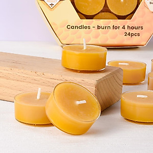 100% Pure Beeswax Candles Bulk Tealights ( 24 pack ) - 4 Hour Long Burning Clear Cup Tea Light, Natural Bee Wax | Yellow Scented Smokeless Candles