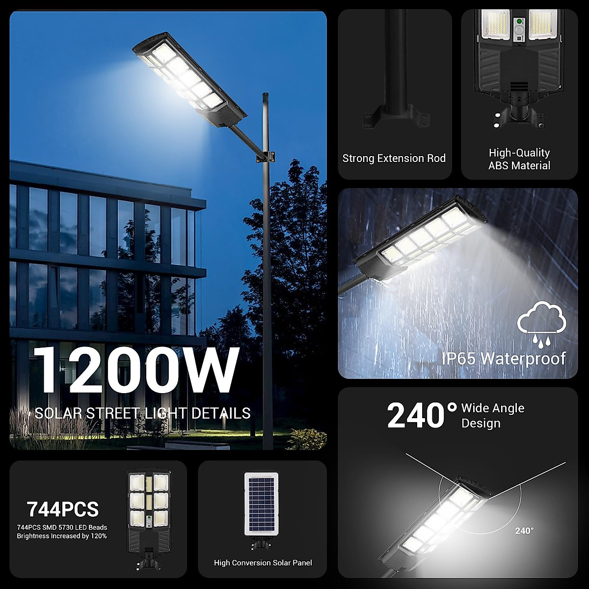 Xmart Solar Street Lights Outdoor Waterproof 80000LM 744 Upgraded LEDs Solar Parking Lot Lights Dusk to Dawn Solar Motion Flood Light Wide Angle Sensor and Remote Control for Area Pole Yard 2-Pack