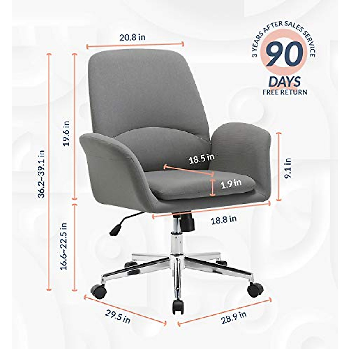 NOVIGO Upholstered Home Office Chair with Comfy Back Support for Conference Room Study Grey