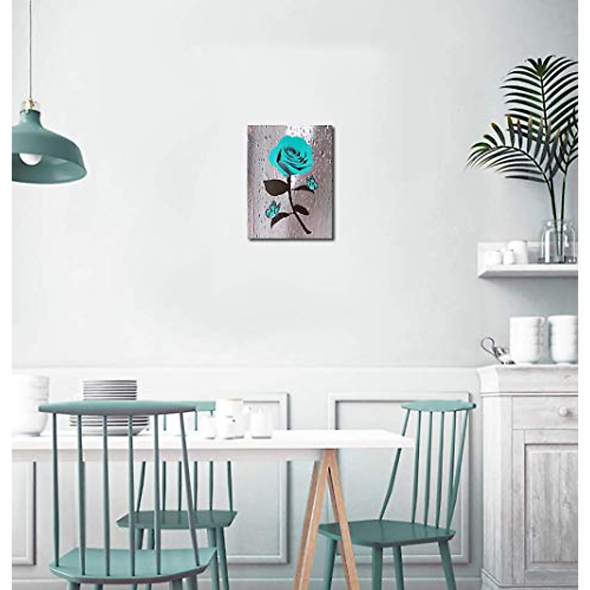 Rtriel Teal Rose Canvas Wall Art Turquoise Blue Flower Prints Contemporary Black and White Pictures for Bathroom Wall Decor 12 x 16 Inch