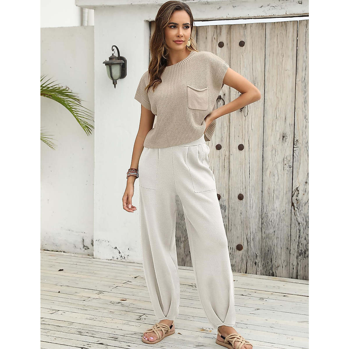 Ugerlov Women's Two Piece Outfits Sweater Sets Knit Pullover Tops and High Waisted Pants Lounge Sets, White, S