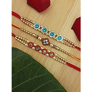 Palak Global Rakhi Bracelet, Wrist Band. Fancy unique beautiful stones blue white, red stones, gift celebration (Fancy Rakhi Set of 3 - Design 1, Small) (PLK32)