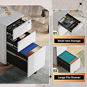 DEVAISE White File Cabinet, Small Filing Cabinet with 3 Drawers with Slim Width for Home Office, Rolling Under Desk Cabinet (11.8 inch)