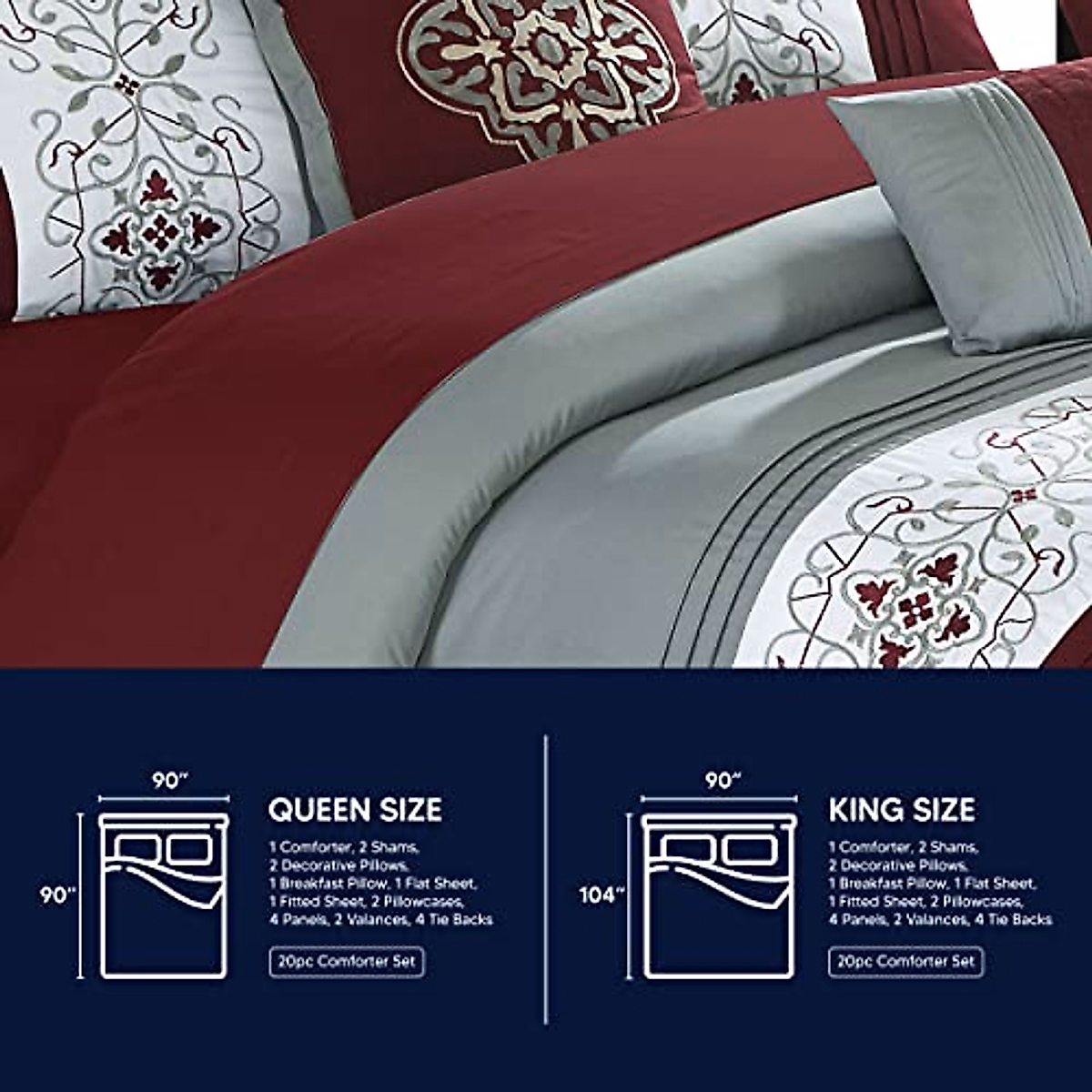 Chic Home BCS06738-AN Emily 20 Piece Comforter Set Color Block Floral Embroidered Bag Bedding, King, Burgundy