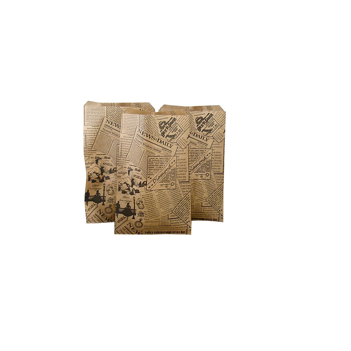 50 Qty 6" x 9" Newspaper Print Flat Plain Paper Gift Bags or Patterned Decorative Bags for candy, cookies, merchandise, pens, Party favors, showers, holidays, events and gifts