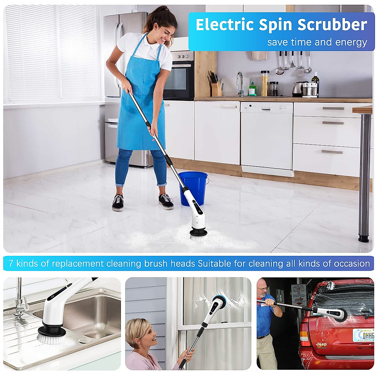 Electric Spin Scrubber, Electric Bathroom Cleaning Brush, LHPY Upgraded Version with 7 Replacement Brush Heads and Extension Handle, Suitable for Cleaning Walls, Floors, bathrooms, Kitchens, Cars