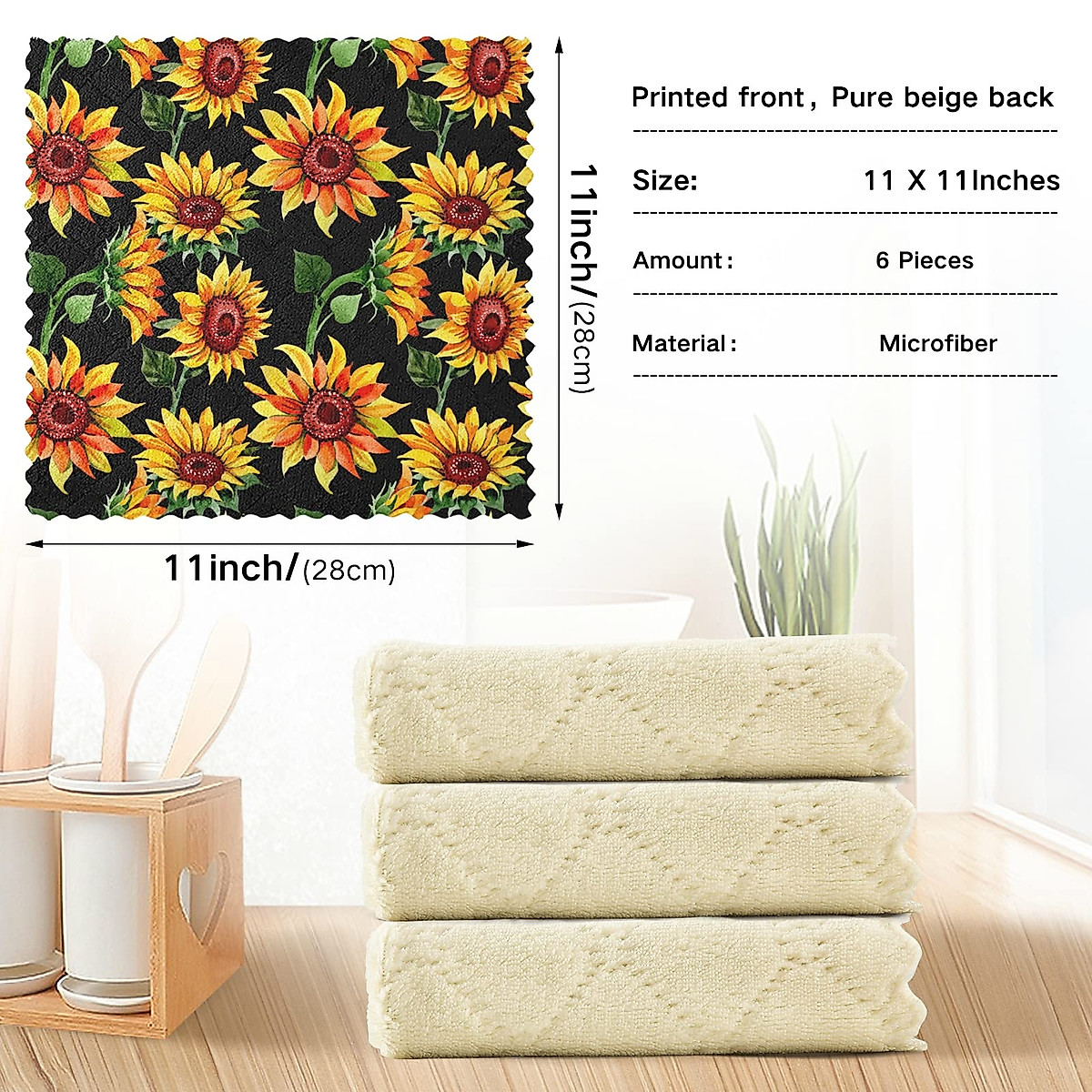 ALAZA Sunflower Floral Black Watercolor Stylish 6 Pack Kitchen Towels Dish Bar Tea Towel Dishcloths Fast Drying Super Soft 11 x 11 inches