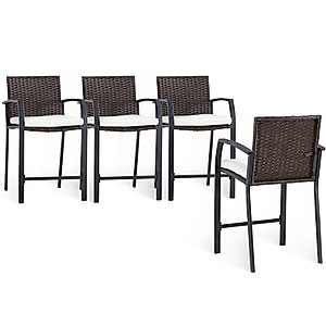 PatioFestival Counter Height Patio Bar Stools Set of 4 Wicker Outdoor Chairs Sets with Cushion Metal Arm Leg Footrests All Weather Frame (Brown)
