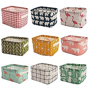 Lawei 9 Pack Mini Canvas Storage Bins - Collapsible Canvas Shelf Basket Nursery Organizer Boxwith Handles for Nursery Kids Bathroom Home Office