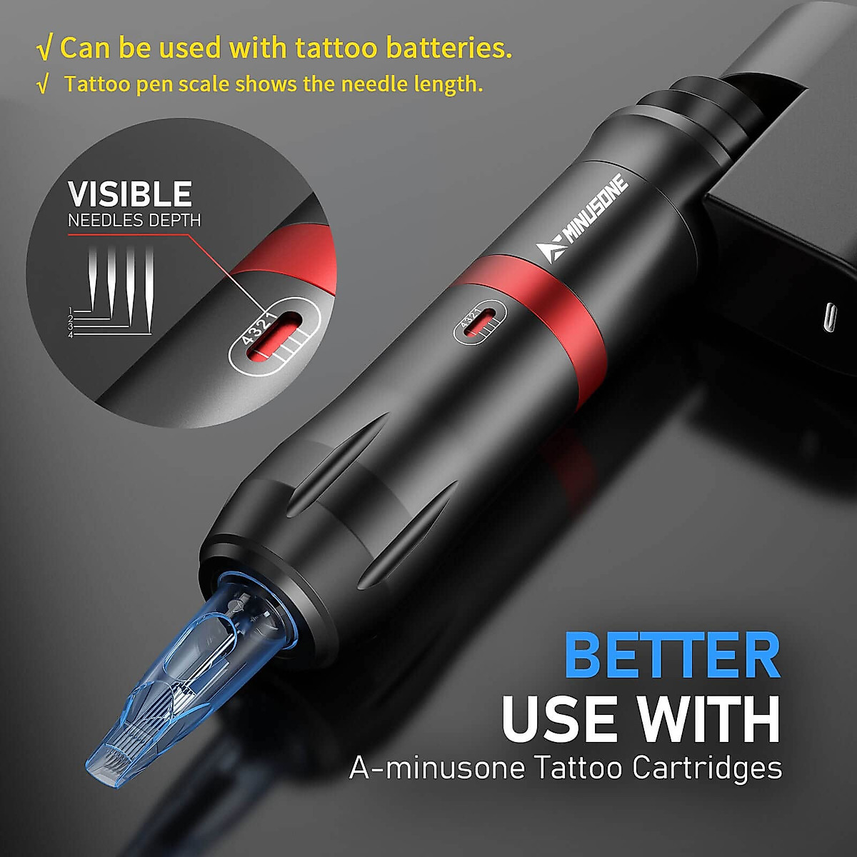 Rotary Tattoo Pen Kit for Beginners with 30Pcs Cartridges Needles and 10 Color Inks Power Supply Black Pro