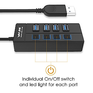 4 Port USB 3.0 Hub,Wavlink USB Hub with Individual Power Switches and LEDs Super Speed 5Gbps Data Transfer Hub for Mac Laptop Ultrabook and Tablet PC