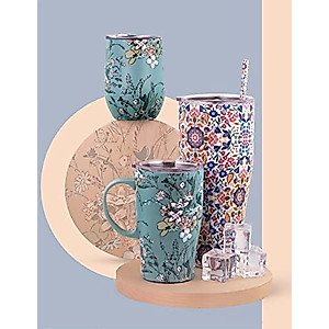 Vera Bradley Coffee Tumbler with Handle, 18 Ounce Stainless Steel Mug with Lid, Green Floral Metal Thermal Cup, Sunlit Garden Greek Sage