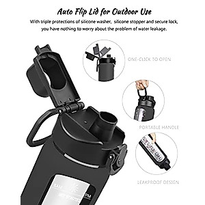 Nefeeko 32 oz Glass Water Bottles with Straw, Motivational Glass Water Bottle with Time Marker, 1 Liter BPA FREE Leakproof Reusable Glass Water Bottle with Silicone Sleeve, Bamboo Lid, Spout Lid