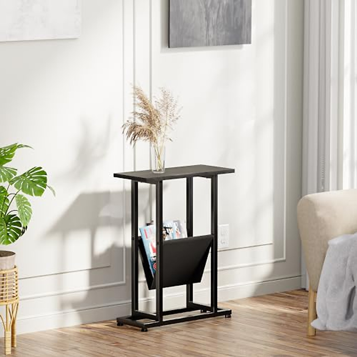 LAKEMID Narrow Side Table Set of 2, Skinny End Table with Magazine Holder, Thin Bedside Table for Small Spaces Living Room, Small Nightstands Bedroom, Black