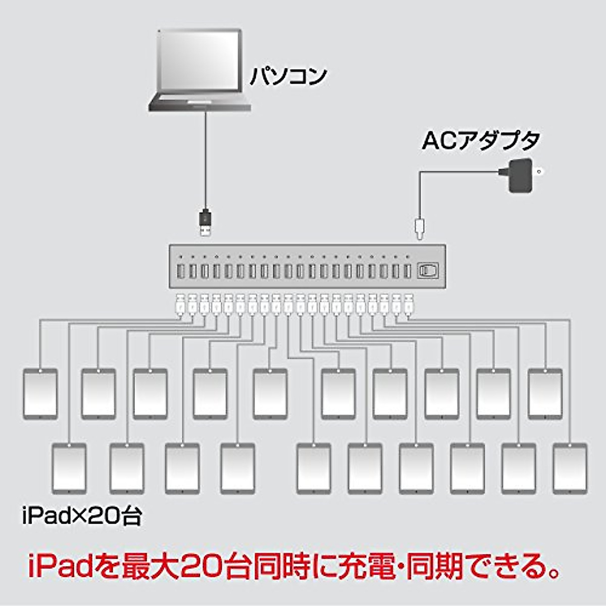 Sanwa Supply USB-2HCS20 USB Hub, 20 Ports, Charge and Sync Up to 20 iPad/Tablet, Self-Powered