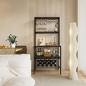 GEBAROW Wine Rack Freestanding, Metal Wine Rack, Industrial Wine Bakers Rack with LED and Sockets, Bar Cabinet with Glass Bottle Holder for Home Kitchen Dining Room, Rustic Brown