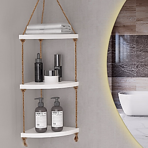 Tirzah 3-Tier Hanging Wall Corner Shelf with Rope, 9 inches White Real Wood Circular Sector Floating Shelf for Home Decor, Kitchen Organizer