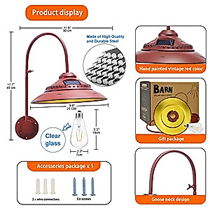 Goodeco Solar Barn Light - Waterproof Metal Solar Outdoor Lights with Clear Glass LED Edison Bulbs,No Wiring Required,House Warming Gifts, Perfect Wall Lights for Patio/Path/Porch (Red)