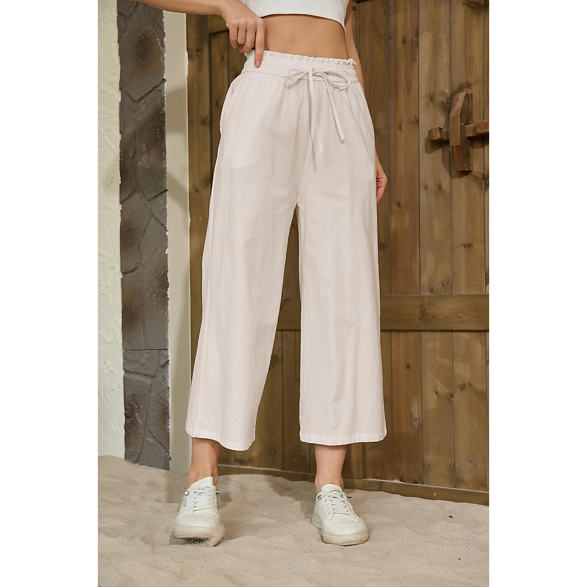 CNJXJCD Womens Linen Pants Wide Leg High Waisted Drawstring Casual Flowy Pants with Pockets