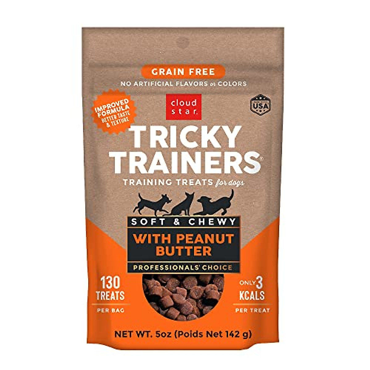 Cloud Star Tricky Trainers Soft & Chewy Dog Training Treats 5 oz Pouch, Peanut Butter Flavor, Grain-Free Low Calorie Behavior Aid with 130 treats