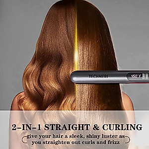 TECHMERI Hair Straightener and Curler 2 in 1, Flat Iron Hair Straightener with 5 Temp, Titanium Flat Iron with Dual Voltage, Temperature Memory