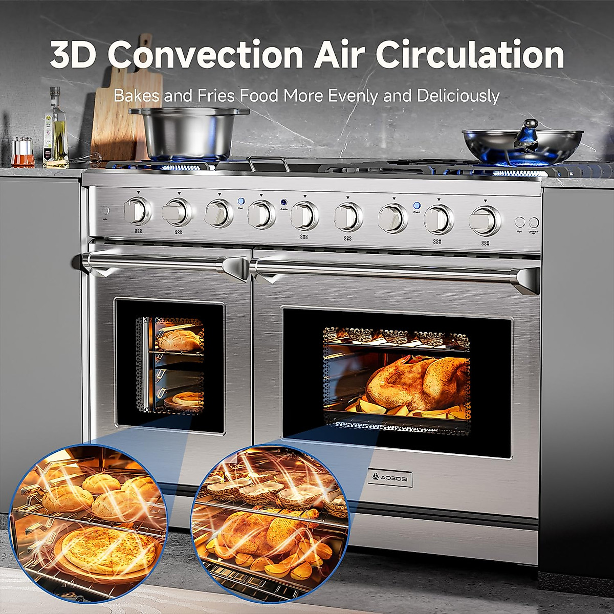 AAOBOSI 48 Inch Freestanding Gas Range Ovens with 7.0 cu.ft Large Capacity Double Convection Ovens, 6 Sealed Burners Plus Iron Grill Burner, Stainless Steel Gas Range Stove with NG/LPG Convertible