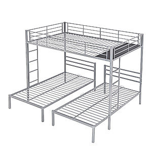 Oudiec Triple Bunk Bed,Full Over Twin&Twin Size Bunk Bed with Built-in Shelf&Ladders,L-Shaped Bunk Bed with Full-Length Guardrails, Space-Saving, Noise-Free, Silver
