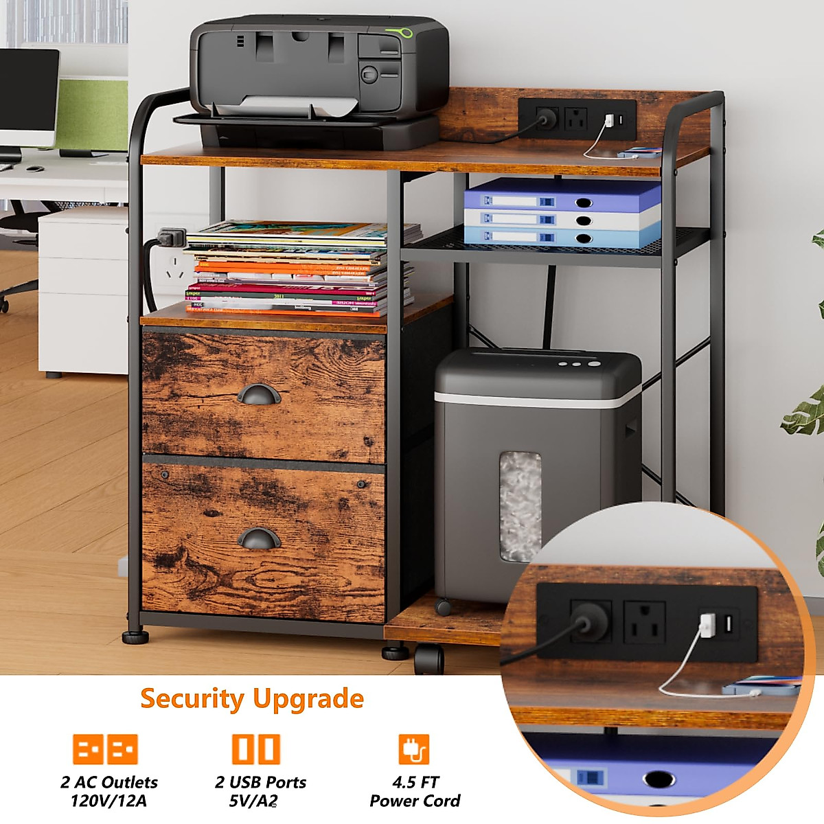 Furologee Printer Stand with Power Outlet, Lateral File Cabinet with 2 Large Drawers, Shredder Shelf Stand with Wheels & 4 Tiers Open Shelves for Office, Home, Living Room, Rustic Brown