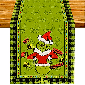 FARMNALL Linen Green Christmas Table Runner Merry Grinchmas Tablecloth Christmas Xmas Winter Holiday Home Kitchen Table Decorations 13x72 Inch