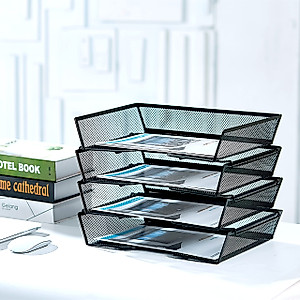 SETTFRFE 4 Tier Metal Mesh Desk Organizer-Stackable Letter Trays for Office Supplies,Black File Storage System with Reinforced Edges