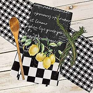 VDLBT Summer Kitchen Towels Yellow Lemon Dish Towels Dishcloth Fingertip Hand Towel Black White Plaid Soft Tea Towel Set of 2