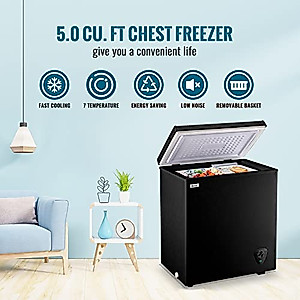 Deep Freezer Small Chest Freezer 5.0 Cu.Ft Mini Chest Freezer with 7 Temperature Settings, Compact Deep Freezer with Top Open Door, Adjustable Storage Basket, Low Noise, Energy Saving,Black