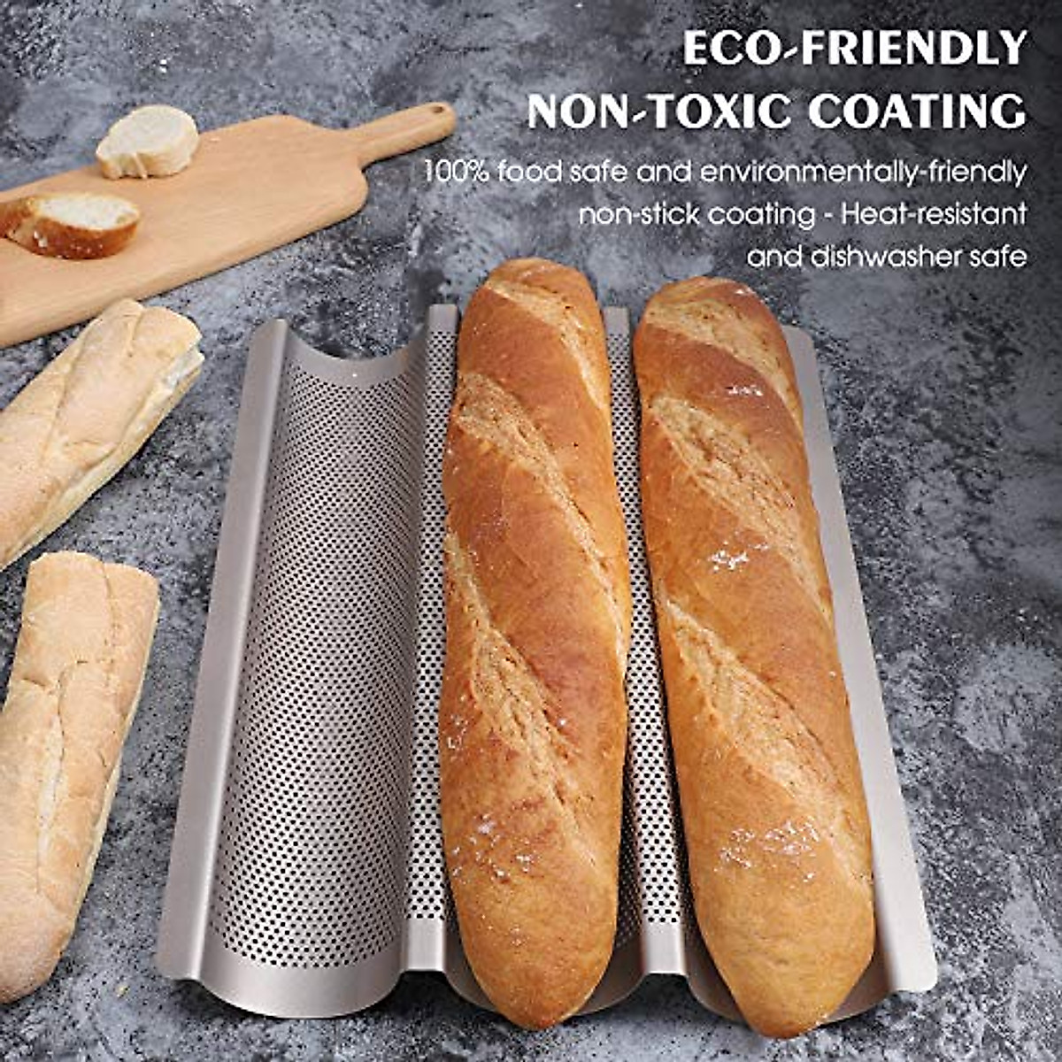 Fulimax Baguette Pan, French Bread Pans For Baking Pan, Nonstick 3 Slots Perforated Italian Loaf Pan Mold Long French Bread Pan,Golden