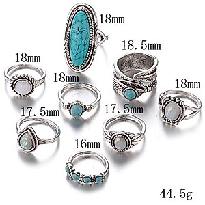 SOURBAN 8 Pcs Imitation Turquoise Finger Rings Set Women Vintage Hollow Wide Party Wedding Rings
