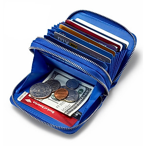 KALMORE Women's Leather RFID Secured Spacious Cute Card Wallet Small Purse, Blue, Two Zippers