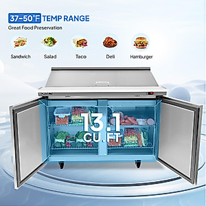 ROVSUN 48"W Sandwich & Salad Prep Table Refrigerator ETL NSF Certified, 13.1 Cu.Ft Commercial Refrigerator Salad Bar Stainless Steel w/18 Pans Cutting Board Lockable Wheels Double Doors for Restaurant