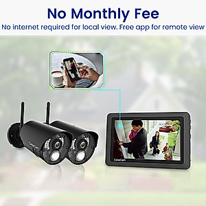 CasaCam VS802 Wireless Security Camera System with 7" Touchscreen Monitor and 2 pcs. HD Cameras, Two-Way Audio, Free APP, SD Card and Battery Installed (720p Camera, 7" Monitor)