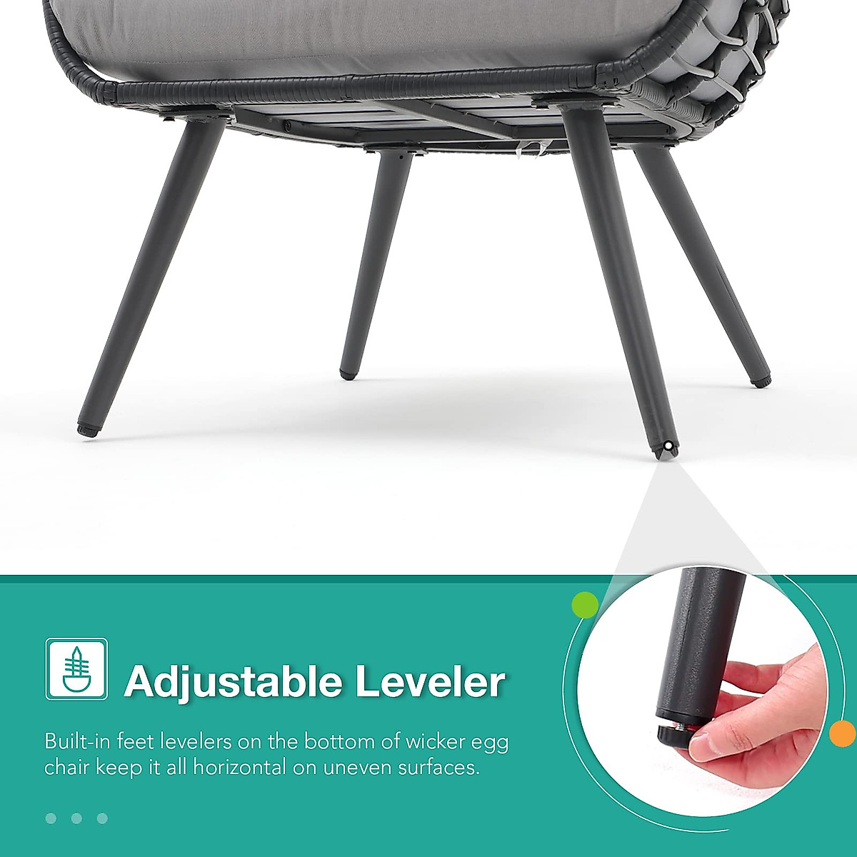 Patiorama Wicker Egg Chair Outdoor Indoor, Rattan Lounge Chair for Outside w/Legs Cushion, Basket Wicker Chair for Bedroom Living Room Front Porch Backyard Garden 350 lbs Capacity (Grey)