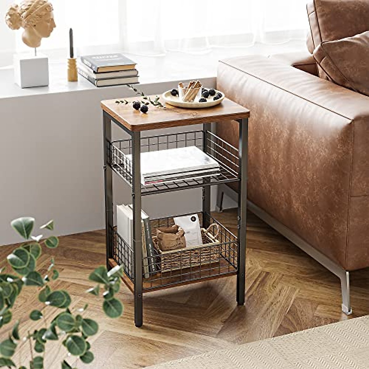 CubiCubi End Table, Small Side Table Nightstand with Storage Shelf for Living Room Bedroom, 3-Tier Sofa Table with Metal Frame, Deep Brown