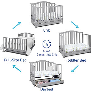 Graco Solano 4-in-1 Convertible Crib with Drawer (Pebble Gray) – GREENGUARD Gold Certified, Crib with Drawer Combo, Includes Full-Size Nursery Storage Drawer, Converts to Toddler Bed and Full-Size Bed