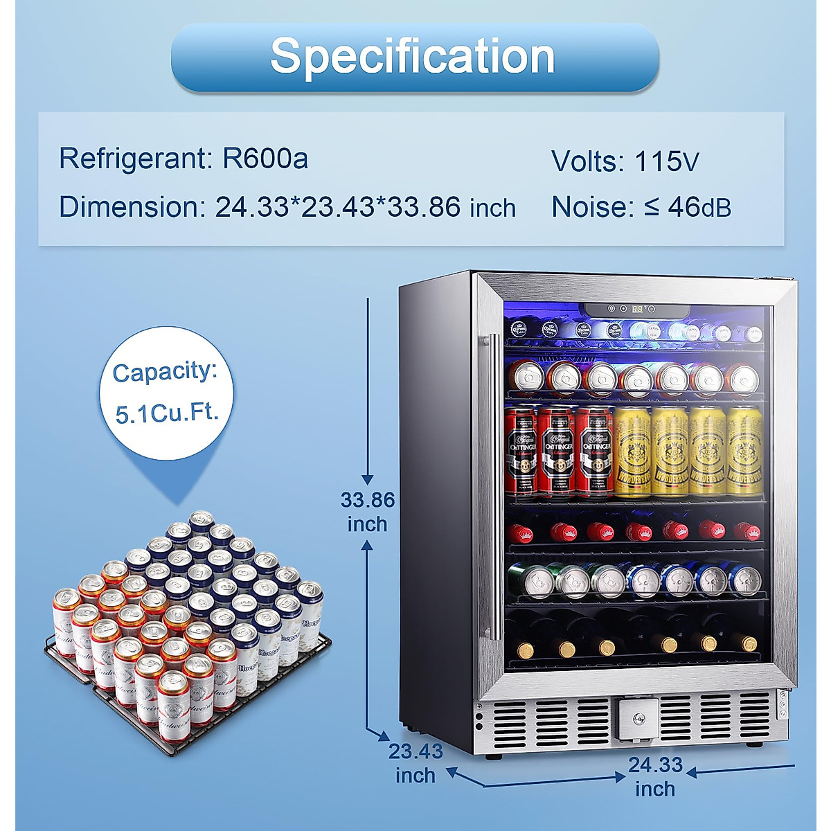 Antarctic Star 5.1 Cu.Ft Beverage Refrigerator,166 Can Wine Cooler,Low Noise,Transparent Glass Door, Efficient Cooling System with Safety Lock, for Home, Bar, Office, 24 Inch, Stainless Steel Silver