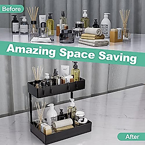 Under Sink Organizer, Height Adjustable Under Sink Organizers and Storage, 2-Tier Pull Out Cabinet Organizers and Storage with 4 Hooks & Cup for Kitchen, Bathroom, Countertop(1 Pack)