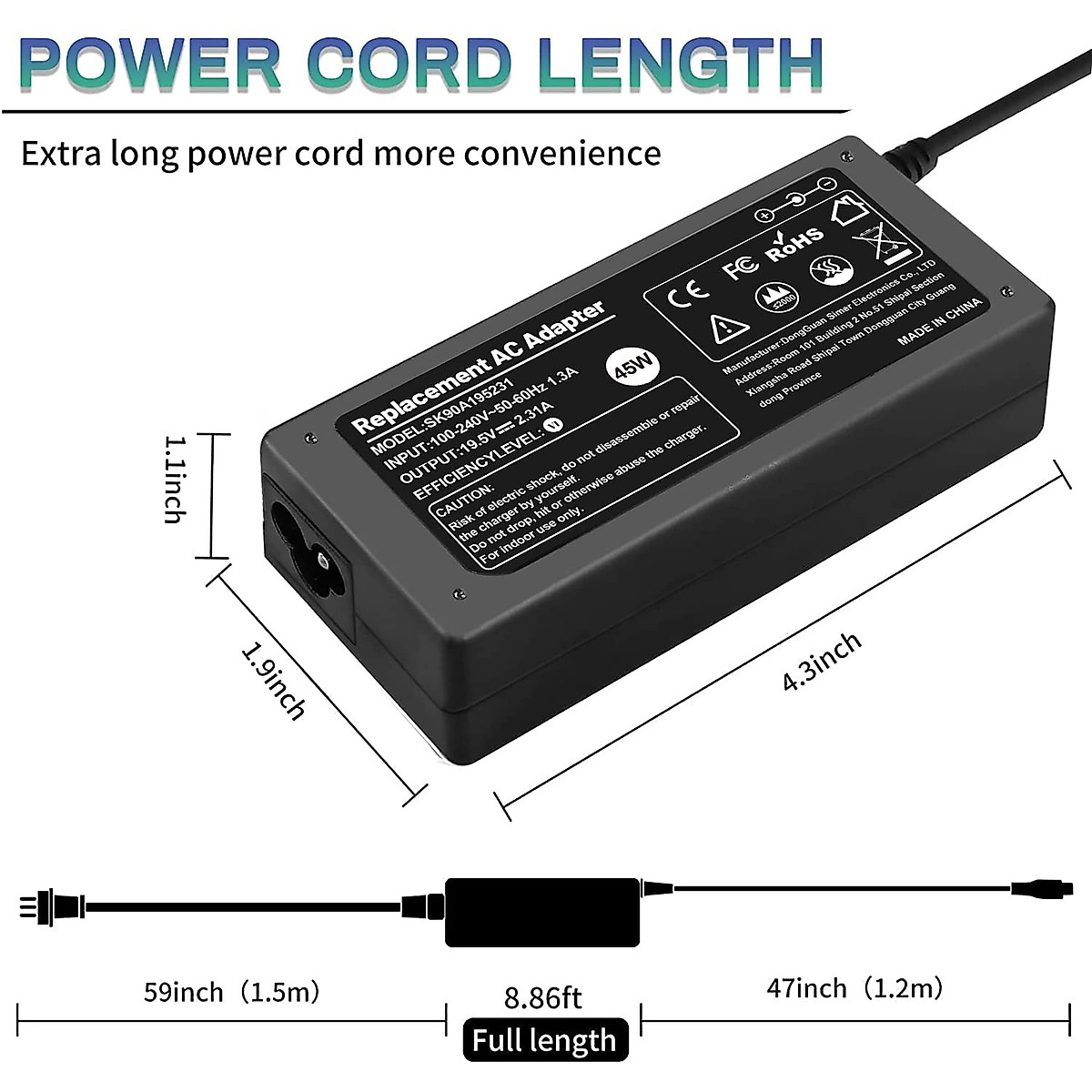La45nm140 0kxttw 45W Dell Inspiron 15 3000 Laptop Charger 11 13 14 17 5000 7000 5559 5558 5570 3583 7373 5100 Latitude 3310 3520 3410 3420 3510 3400 3500 Vostro 19.5V 2.31A Power Adapter Supply Cord